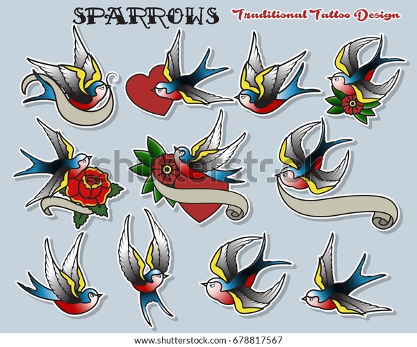 Set Sparrows Vector Traditional Tattoo Stickers Stock Vector (Royalty ...