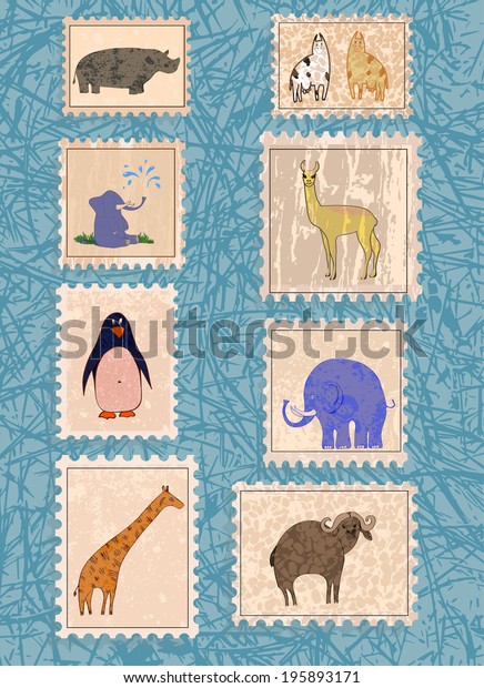 Set Stamps Cartooned Animals Hand Drawn Stock Vector (Royalty Free ...