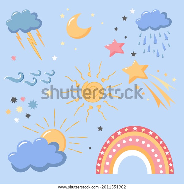 Set Stars Moon Sun Rainbow Clouds Stock Vector (Royalty Free ...
