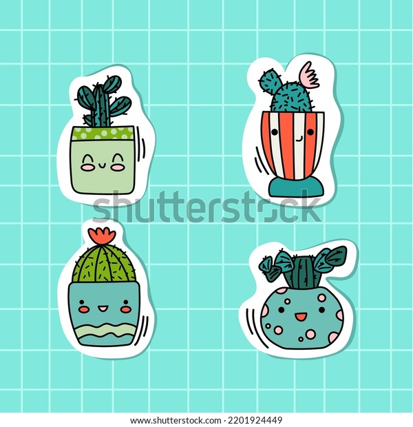 Set Stickers Cute Cartoon Cactus Funny Stock Vector (Royalty Free ...