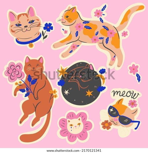 Set Stickers Cute Cats Vector Graphics Stock Vector (Royalty Free ...