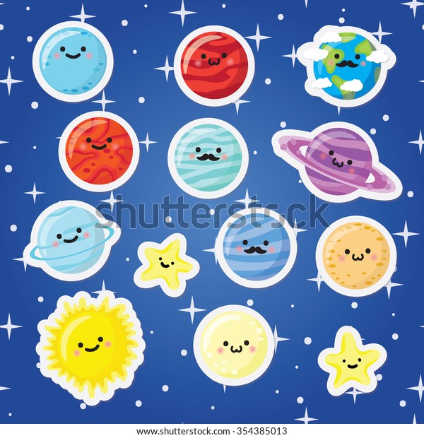 Set Stickers Cute Smiling Planets Stars Stock Vector (Royalty Free ...