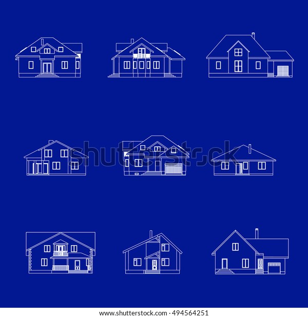 Set Suburban Houses Front View Blueprint Stock Vector (Royalty Free ...