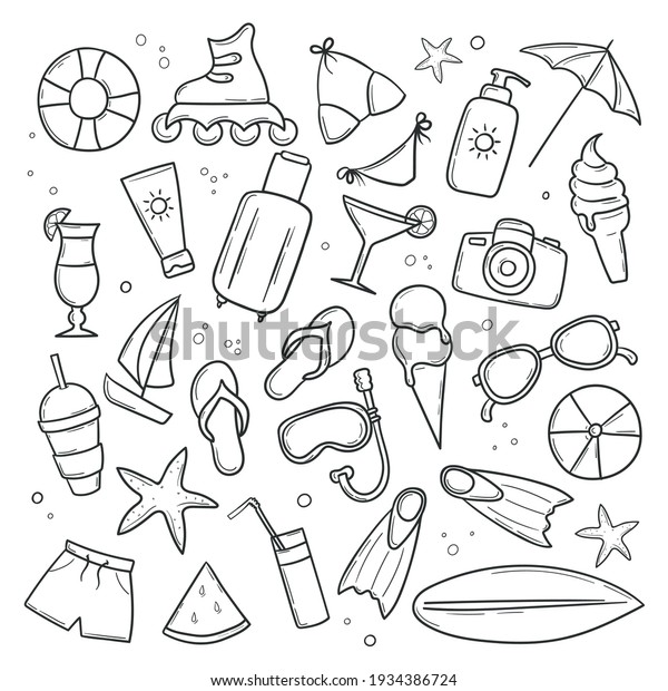 Set of summer beach elements in hand drawn doodle style. Clip-art ...