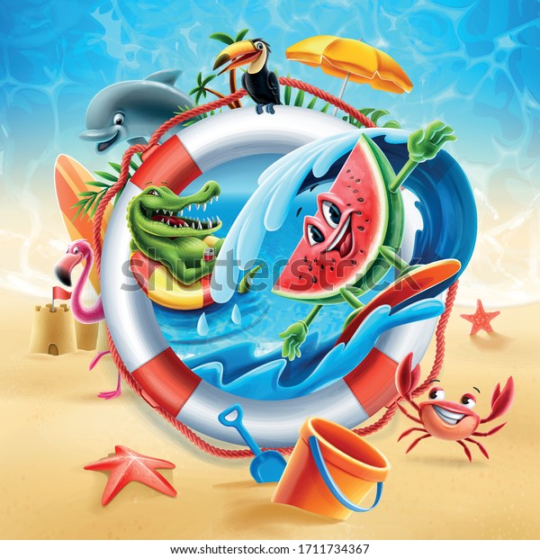 Set Summer Characters On Beach Stock Vector (Royalty Free) 1711734367