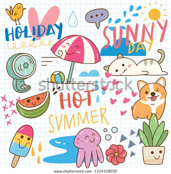 Set Summer Kawaii Doodle Vector Illustration Stock Vector (Royalty Free ...