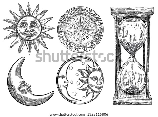 Set Sundial Sun Clock Hourglass Sand Stock Vector (Royalty Free) 1322115806