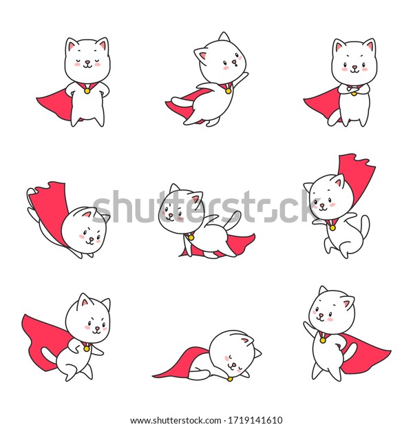 Conjunto de super gatos. Ilustración de lindos gatos blancos ...