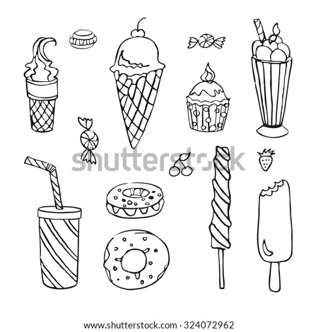 Set Sweets Outlines Drawings By Hand Stock Vector (Royalty Free ...