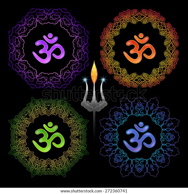 set of symbols Om in the circular ornaments and trident of Shiva, vector