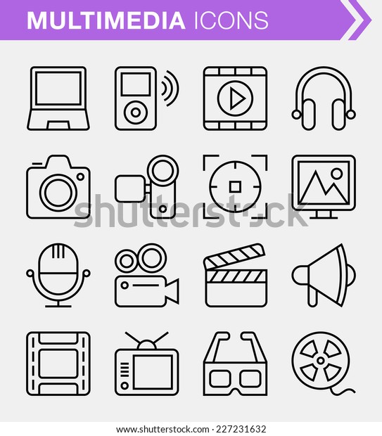 Set Thin Line Multimedia Icons Stock Vector (Royalty Free) 227231632