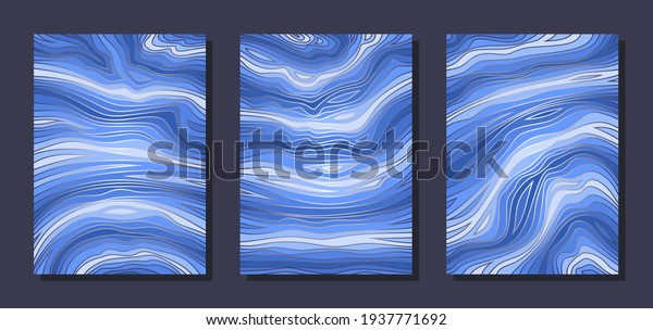 Tres cuadros abstractos en tonos azules. Líneas onduladas, rizos ...
