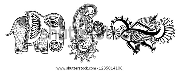 Set Three Hand Drawing Animals Elephant Stock Vector (Royalty Free ...