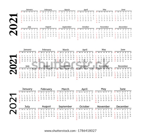 Set Three Horizontal Calendars 2021 Isolated Stock Vector (Royalty Free ...