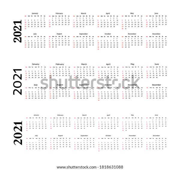 Set Three Horizontal Calendars 2021 Isolated Stock Vector (Royalty Free ...