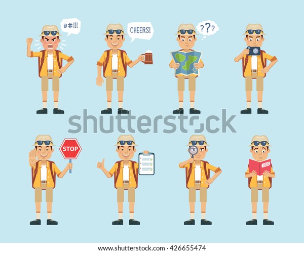 Set Tourist Characters Posing Different Situations Stock Vector ...
