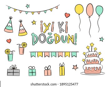 Set Turkish Happy Birthday Elements Isolated Stock Vector (Royalty Free ...