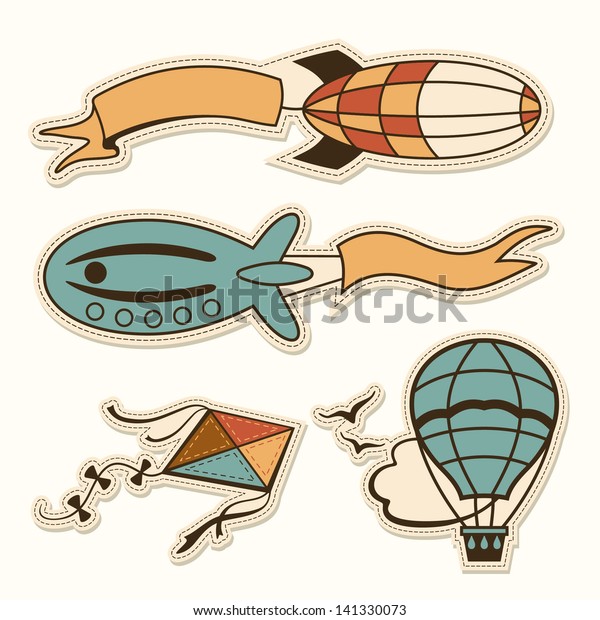 Set of two retro blimps with sign flag , kite, hot air balloon sticker