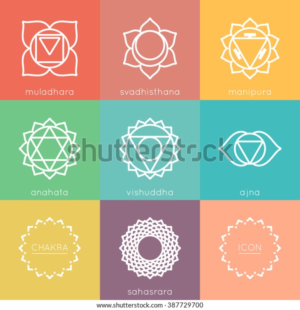Set of universal chakras icons at flate design with chakras color.