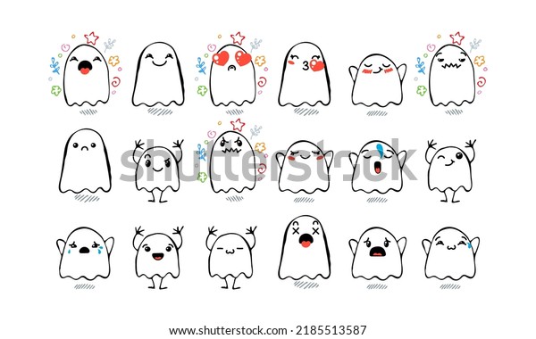 Set Various Cartoon Ghosts Emoticons Doodle: เวกเตอร์สต็อก (ปลอดค่า ...