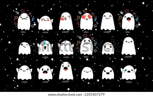 Set Various Cartoon Ghosts Emoticons Doodle: เวกเตอร์สต็อก (ปลอดค่า ...
