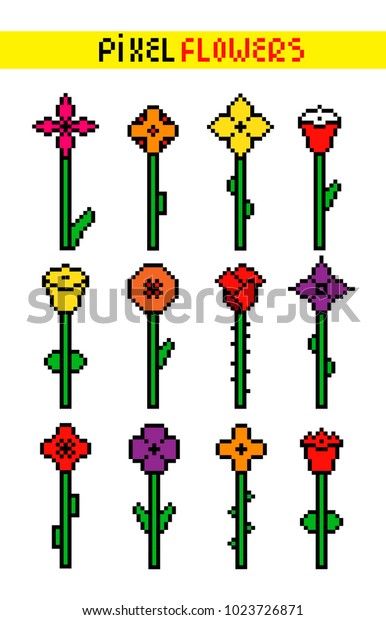Set Various Colorful Pixel Flowers Black Stock Vector (Royalty Free ...