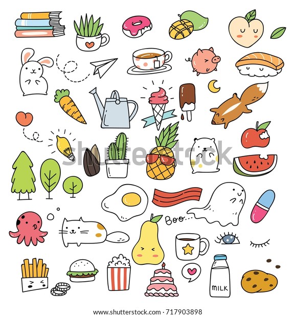 Set Various Cute Doodle Isolated On Stock Vector (Royalty Free) 717903898