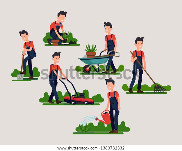 Set Various Gardener Poses Activities Featuring Stock Vector (Royalty ...
