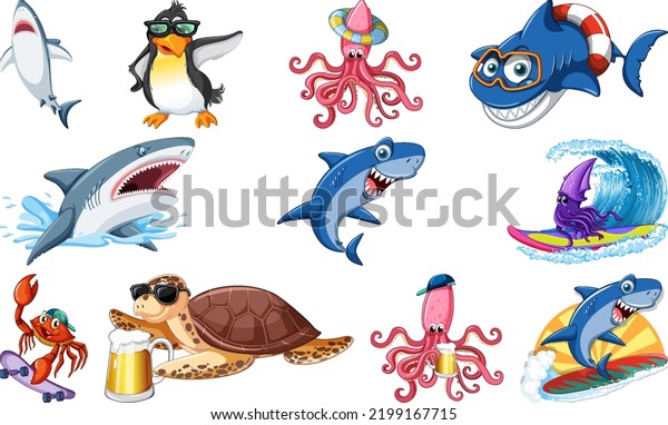 Set Various Sea Animals Cartoon Characters Stock Vector (Royalty Free ...