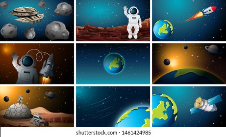 Vektor Stok Large Set Space Scenes Illustration (Tanpa Royalti ...
