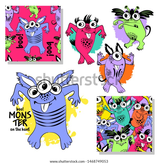 Set Vector Cool Monsters Seamless Patterns Stock Vector (Royalty Free ...