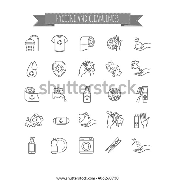 Set Vector Hygiene Cleanliness Icons Thin: เวกเตอร์สต็อก (ปลอดค่า ...