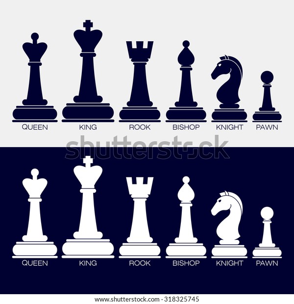 Set of vector icons of chess pieces. Their names queen, king, rook ...
