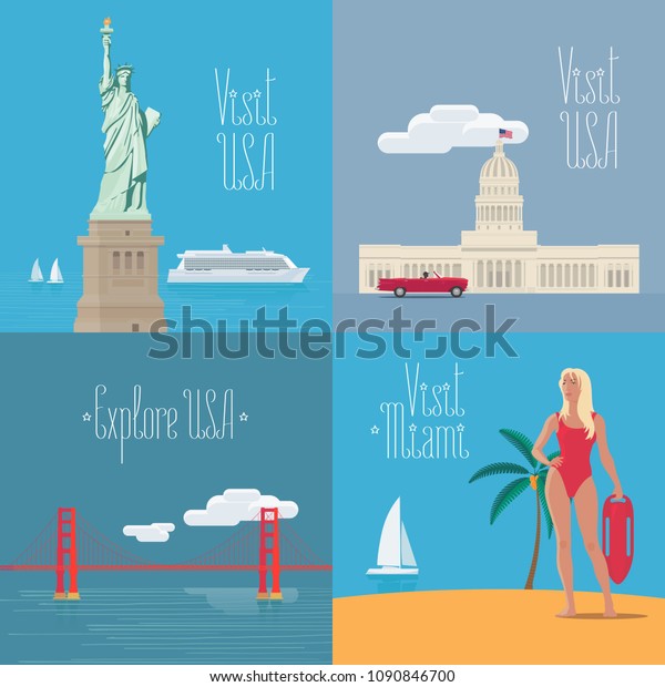 Set Vector Illustrations American Symbols Landmarks Stock Vector ...