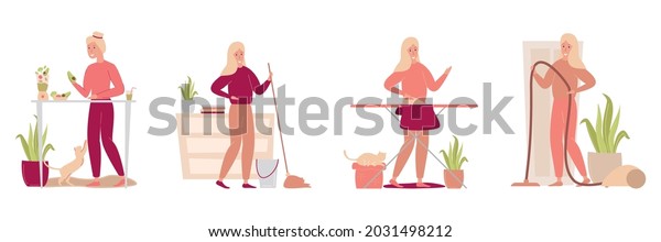 Set Vector Illustrations Household Chores Woman Stock Vector (Royalty ...