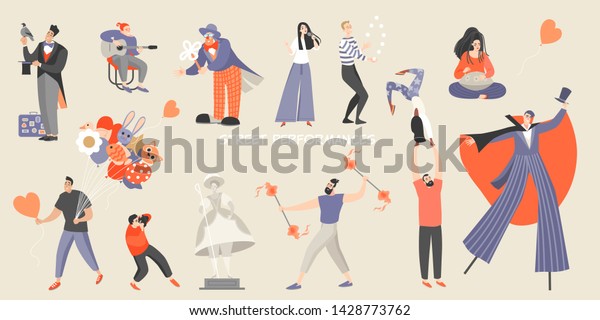 Set of vector illustrations of various street performances. Big ...
