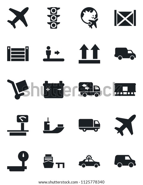Set of vector isolated black icon - plane vector, escalator, alarm car ...