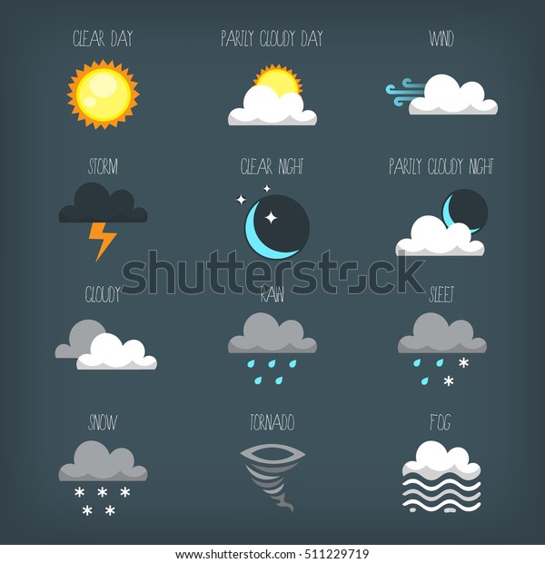 Vektor Stok Set Vector Weather Forecast Icons Signs (Tanpa Royalti ...