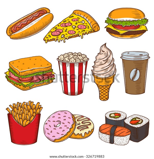 Set Vintage Hand Drawn Fast Food Stock Vector (Royalty Free) 326719883 ...