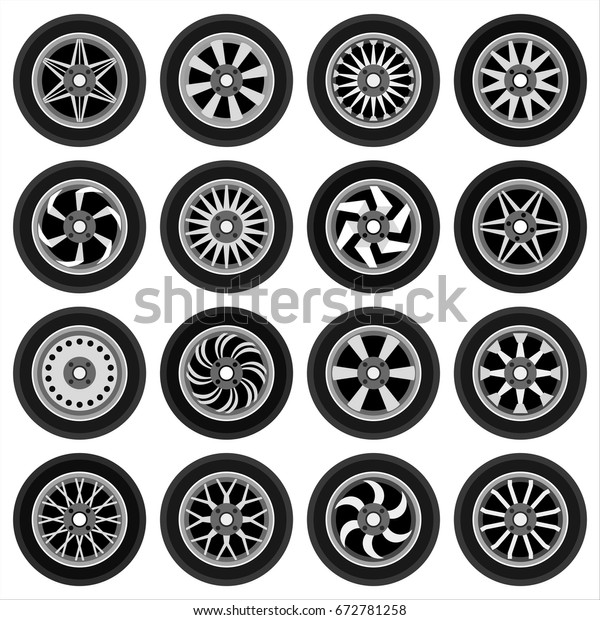 Set Wheels Discs Cars Flat Design Stock Vector (Royalty Free) 672781258