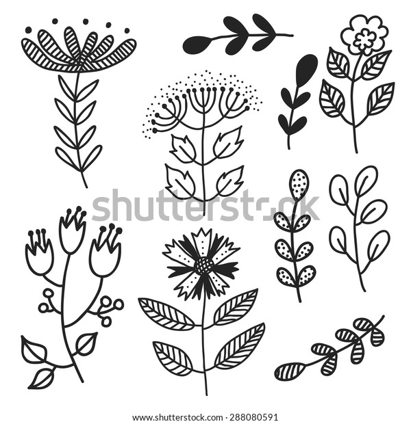 Set Whimsical Doodle Flowers Stock Vector (Royalty Free) 288080591
