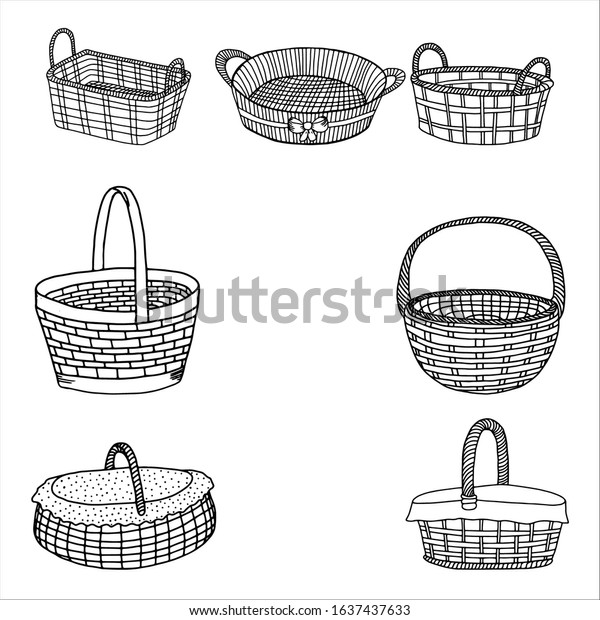 Set Wicker Basketscontour Drawinghand Drawing Lineblack Stock Vector ...
