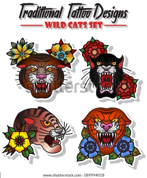 Set Wild Cats Traditional Tattoo Designs: vetor stock (livre de ...