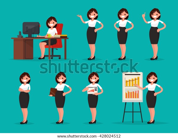 Set woman office worker in various situations. Vector illustration of a ...