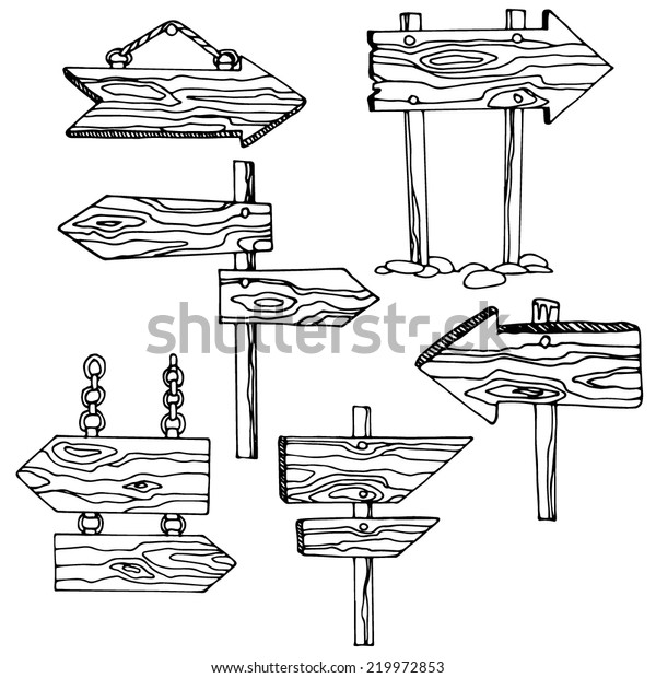 Set Wooden Signposts Handdrawn Design Elements Stock Vector (Royalty ...