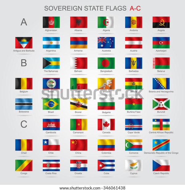 Set of world sovereign state and flags with captions in alphabet order ...