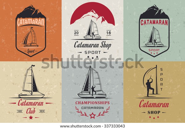 Set of yacht and catamaran logos and badges. Collection sign and ...