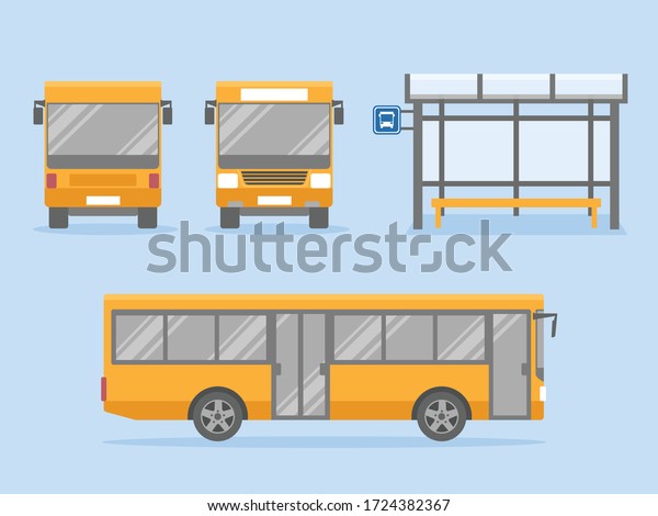 Set of yellow city bus with front side and back view with bus stop ...