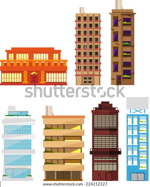 Seven Different Buildings Set Vector Illustration Stock Vector (Royalty ...