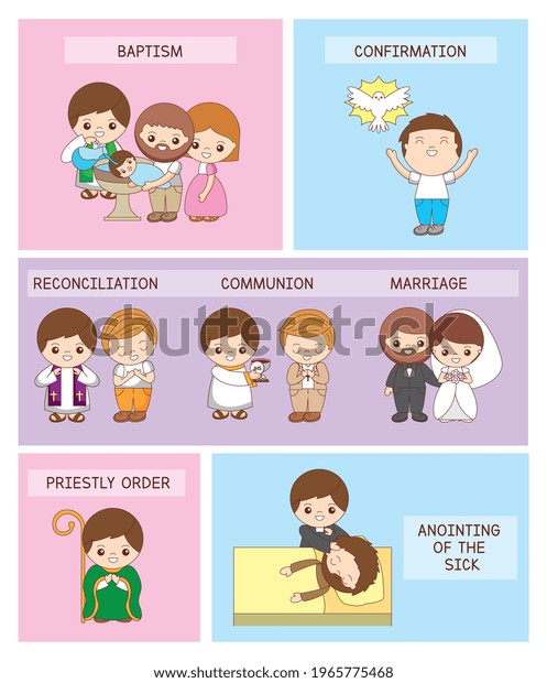 Seven sacraments of christianity didactic cartoons vector Seven sacraments of christianity didactic cartoons vector